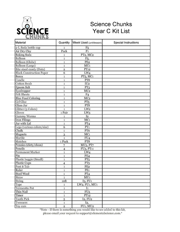 Science Chunks Year C Supply Kit - elementalscience.com